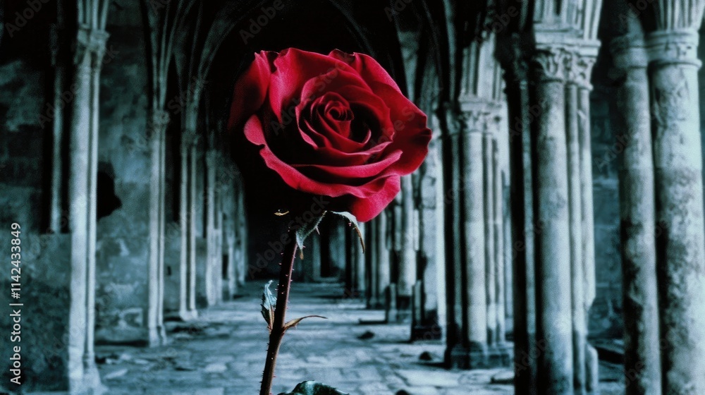 Red Rose in Gothic Architecture with Stone Columns and Shadows Stock ...