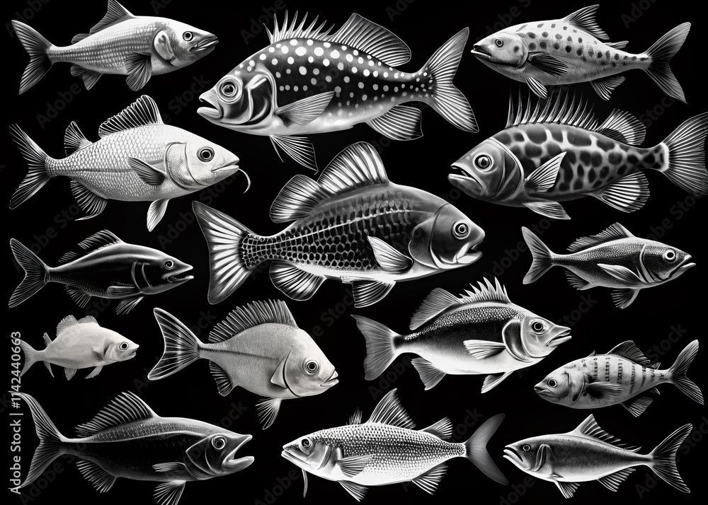 Illustration Stock Black and White Fish Silhouette Clipart, Silhouette ...