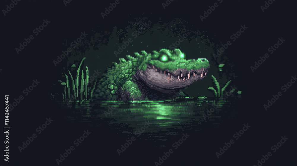 pixel art crocodile emerging from dark water, glowing eyes reflect ...