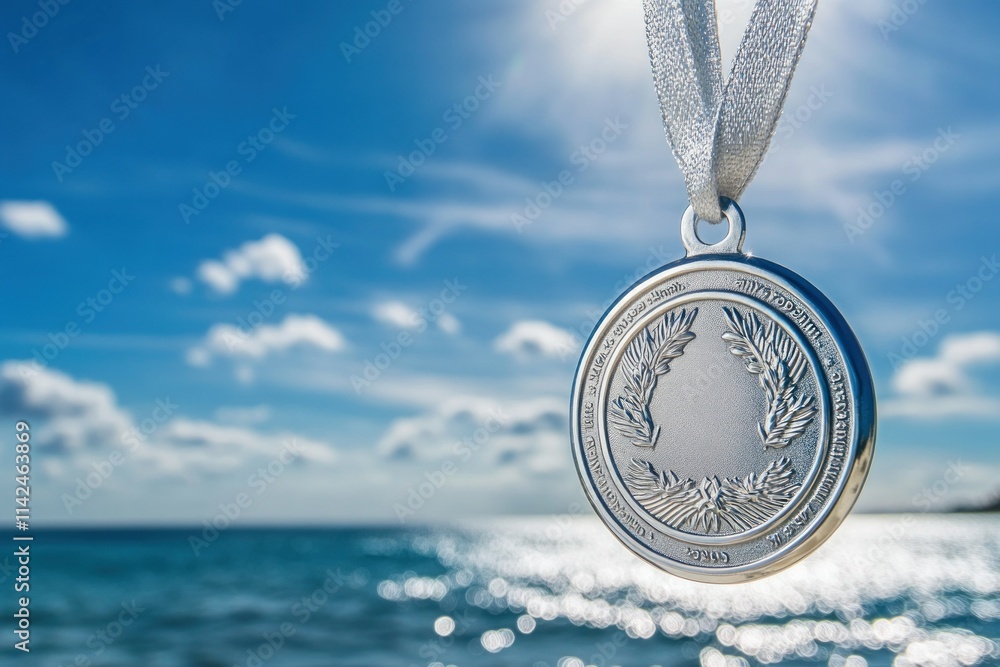 Silver Medal Showcased Against Beautiful Ocean Background Stock Photo ...
