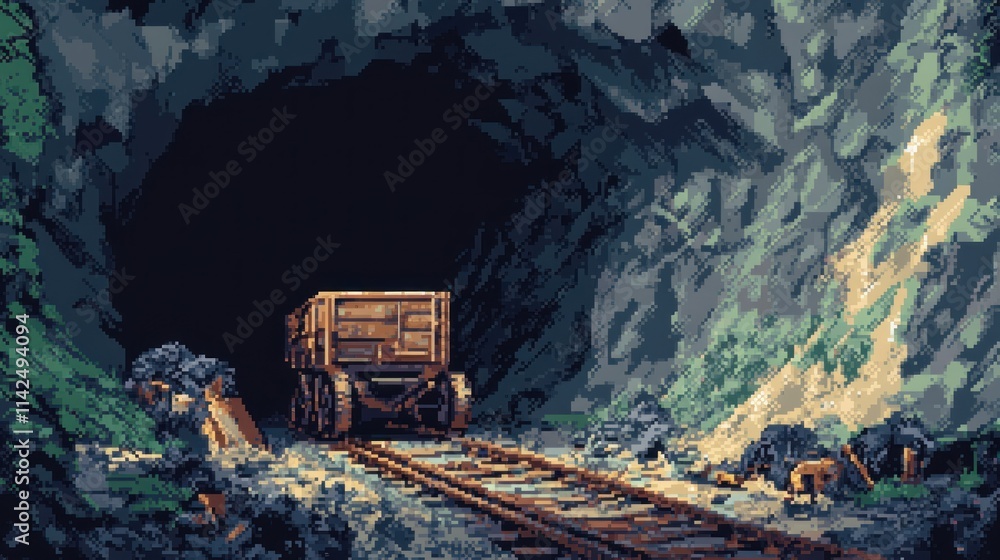 Pixel art mine quarry with a wide tunnel and a rusty mining cart on ...