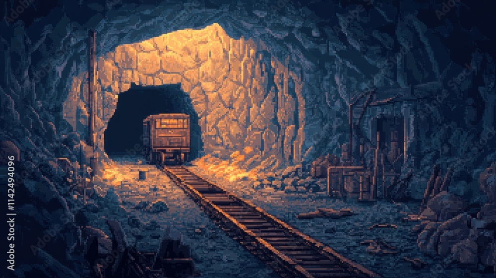 Pixel art mine quarry with a wide tunnel and a rusty mining cart on ...