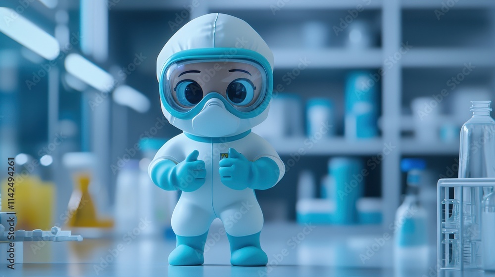 Safety measures in play cute animated figure in ppe suit and goggles ...