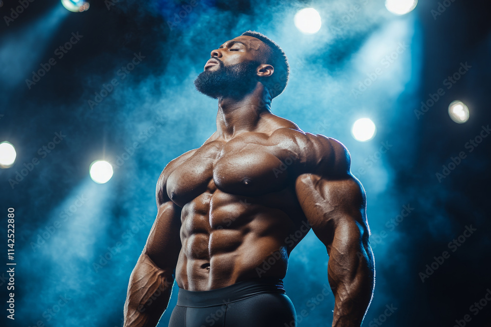 Strong muscular bodybuilder showing his perfect body posing on stage ...