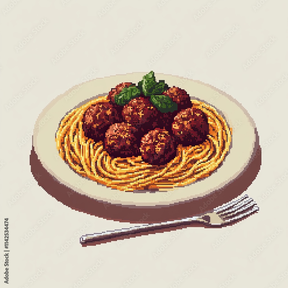 Retro 8-Bit Pixel Art of Spaghetti and Meatballs with Fork on White ...