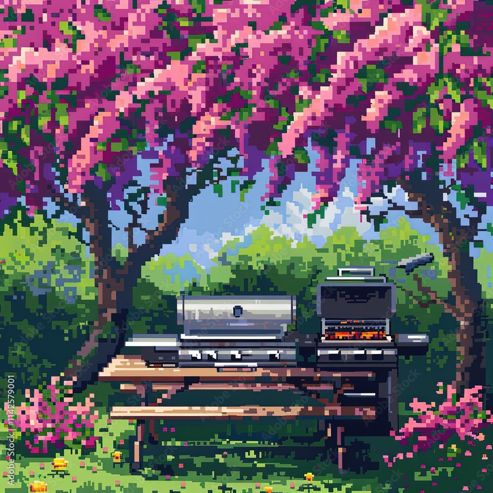 Pixel art depicting a picnic scene with grills under blooming trees ...