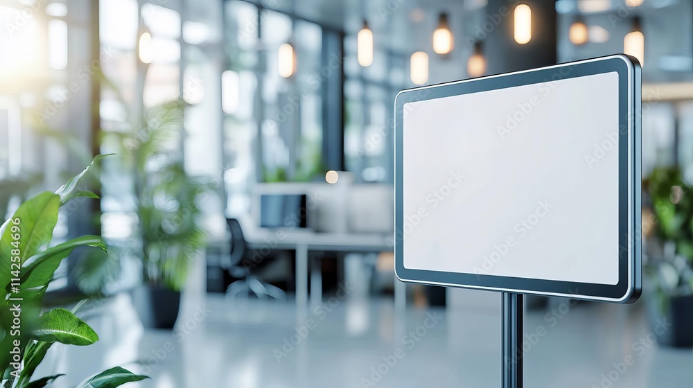 Blank directional sign with digital screen interface in a high-tech ...