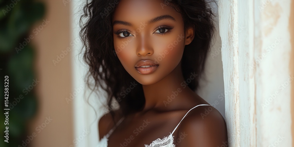 Beautiful woman with deep brown skin and curly hair posing gracefully ...
