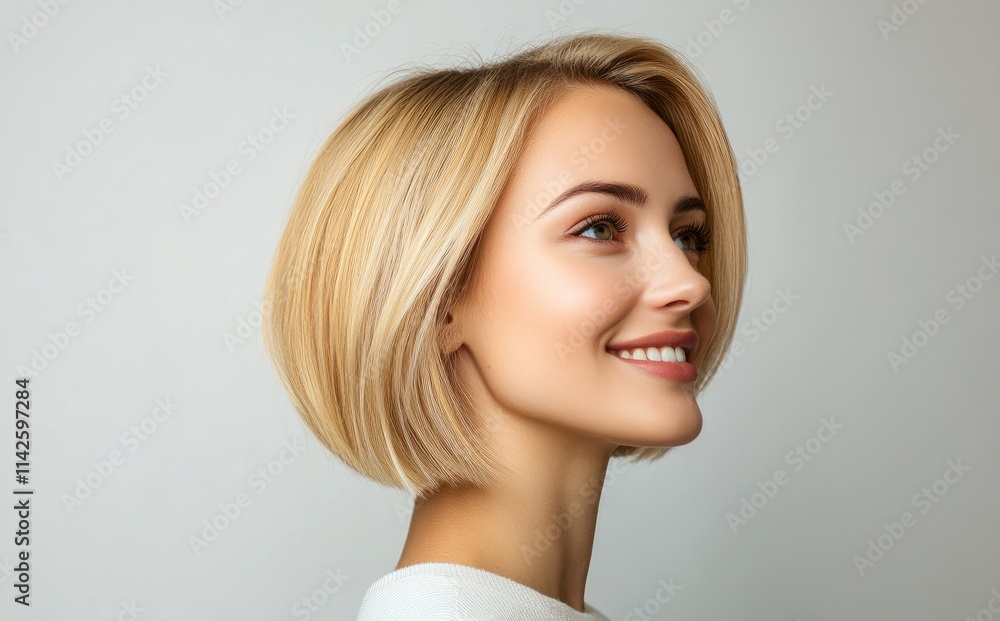 Portrait of a beautiful blonde woman with a short bob haircut, smiling ...