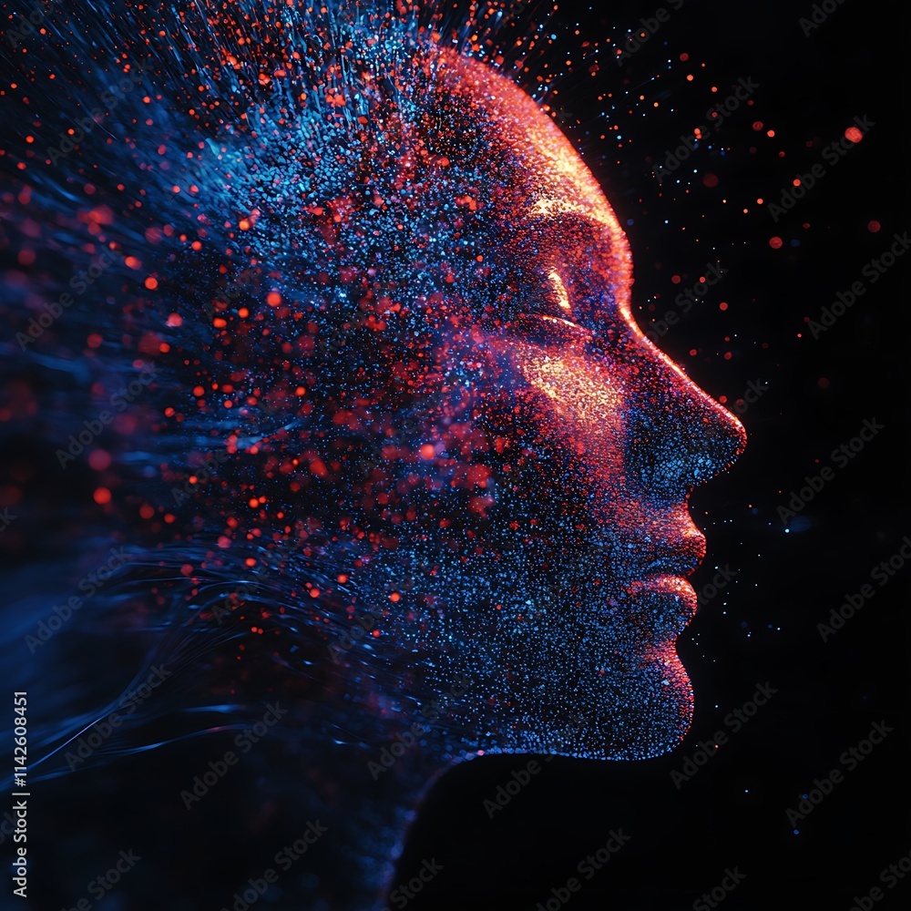 Digital face dissolving into light particles, showing the fusion of humanity and artificial ...