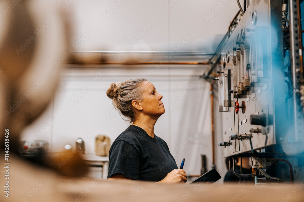 Side view of mature female worker examining circuit in metal factory ...