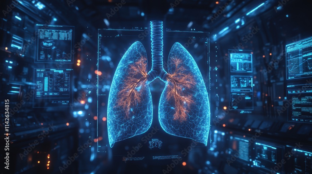 digital representation of human lungs, rendered in a glowing blue hue ...