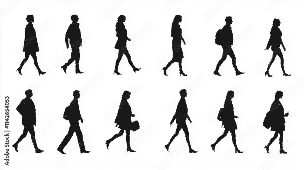 Silhouette set of people walking in different poses, depicting movement ...
