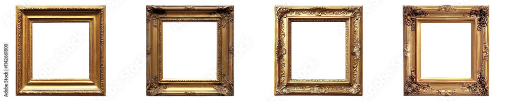 Collection of antique gold square picture frame isolated on transparent ...