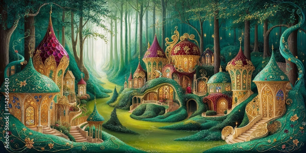 Magical fantasy village in enchanted forest landscape art Stock ...