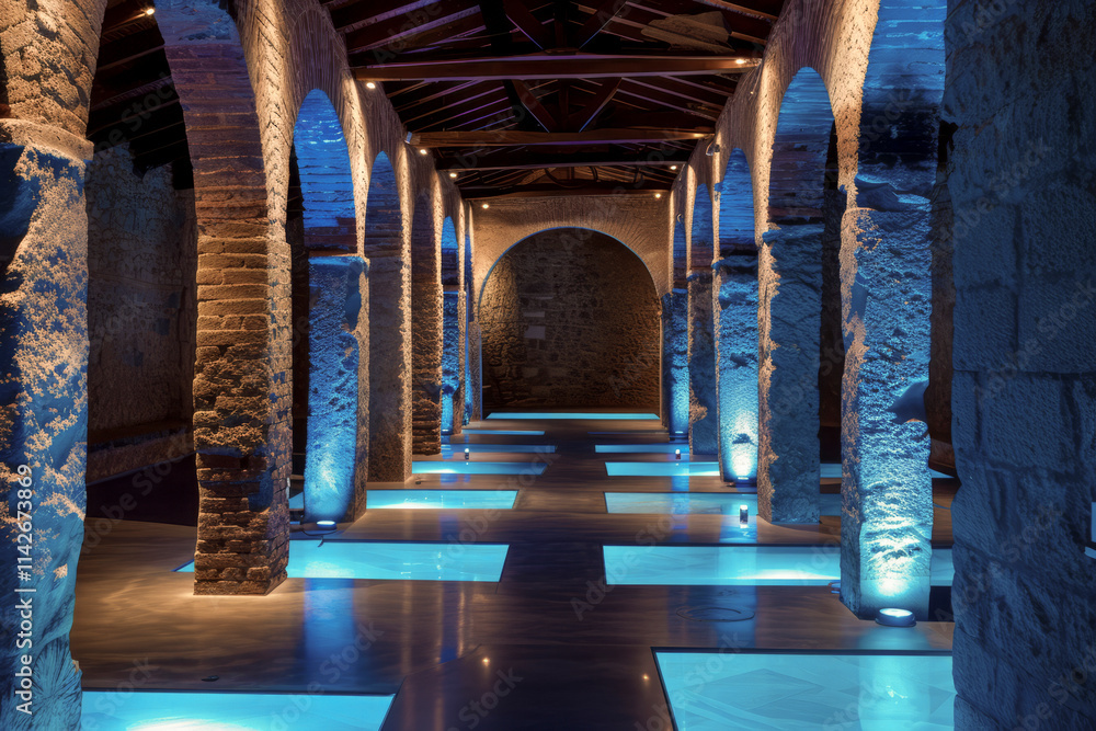 Historic stone hall with illuminated arches and blue floor lighting ...