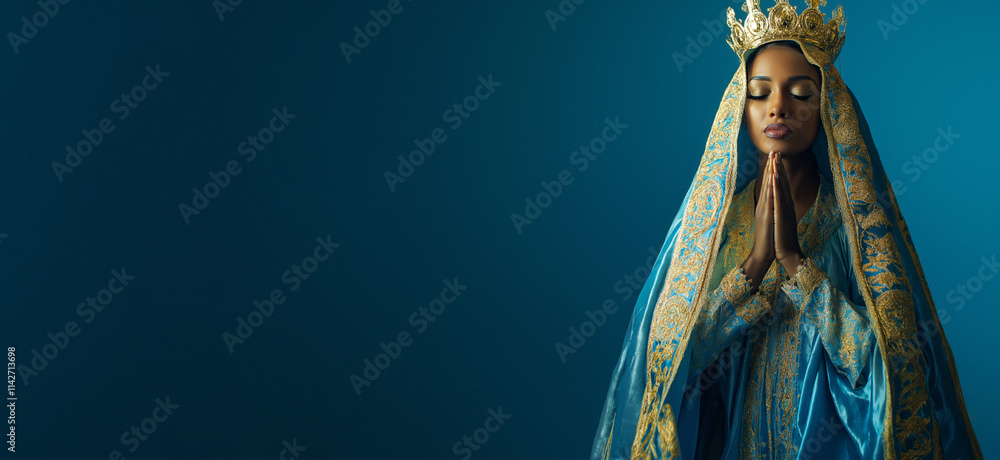 African queen saint Mary, mother of Jesus, in prayer. Wearing a blue ...