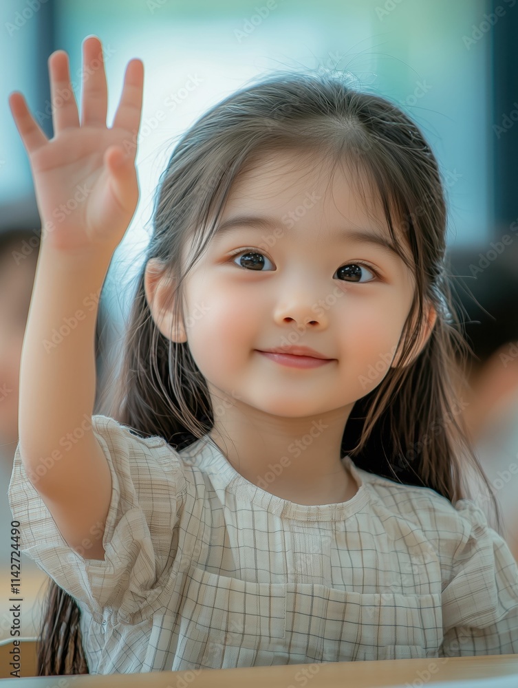 Empowering classroom scene, confident preschool asian girl raising hand ...