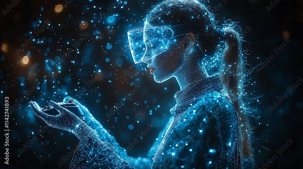 A hologram of an AI avatar holding a controller and playing a game ...