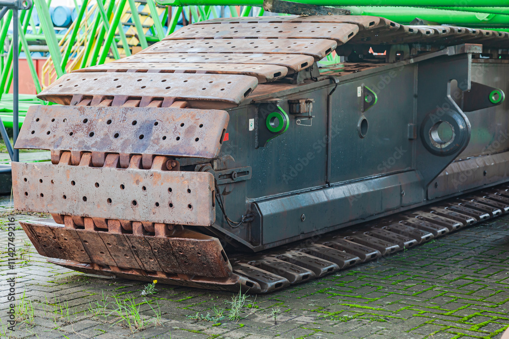 Metal tracks of a crawler cranes with steel wheels. Chassis tracked ...
