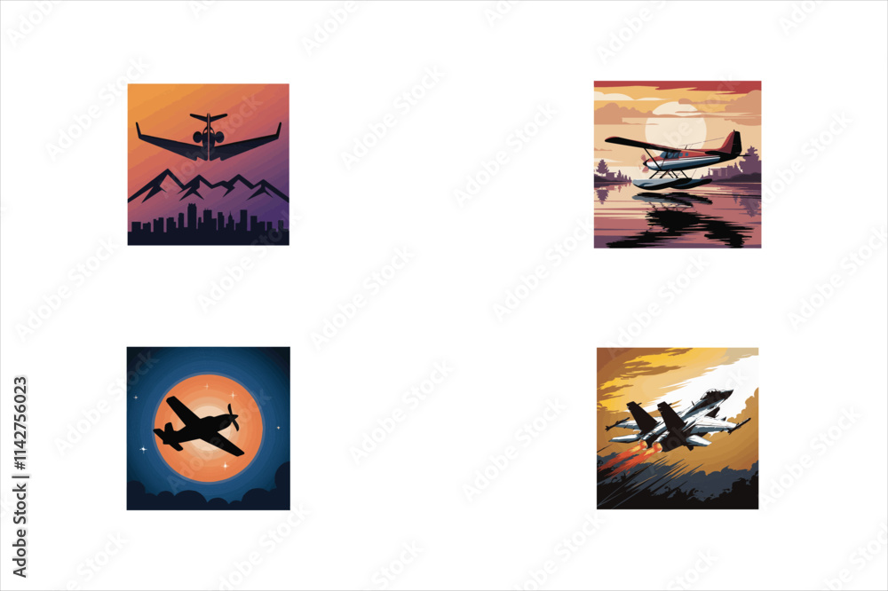 Set of Big airplane taking off with passengers vector illustration ...