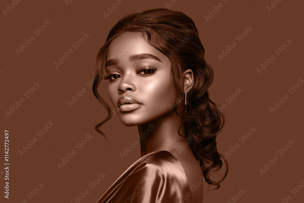 African fashion model woman with mocha mousse brown hair poses in a ...