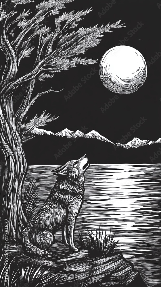 Hand-drawn engraving of a wolf prowling under the moonlight. Stock ...