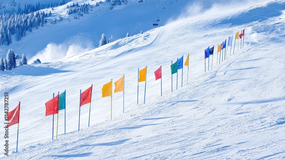 Colorful flags mark a snowy ski slope, indicating boundaries or paths ...