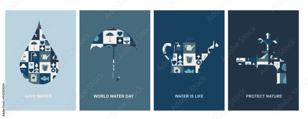 Water Conservation Awareness Posters Set. set of four posters featuring ...