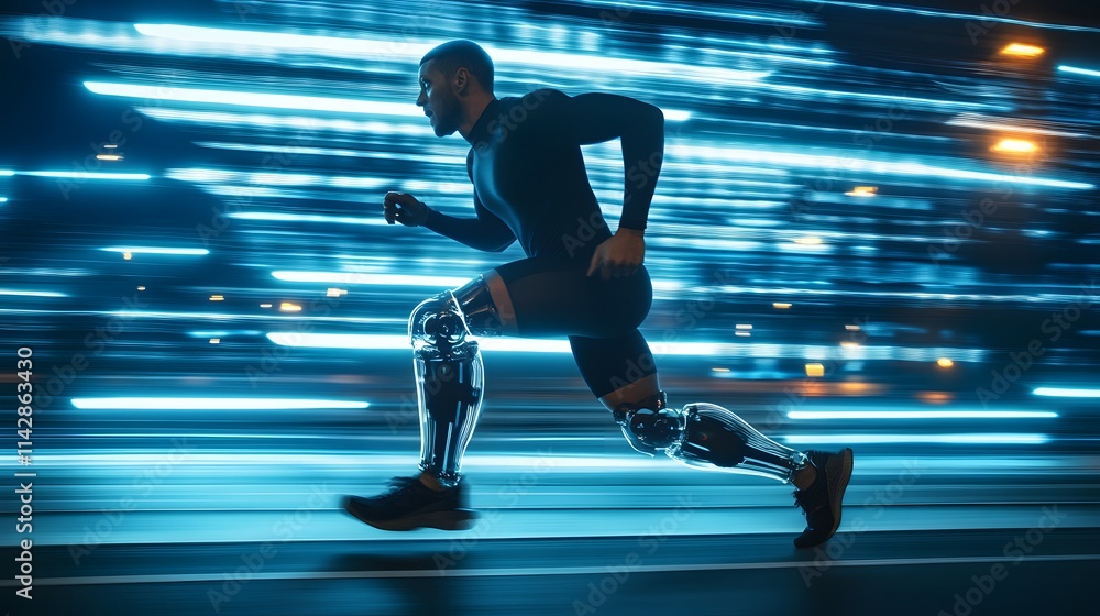 Athlete sprinting dynamically with high tech prosthetic leg against a ...