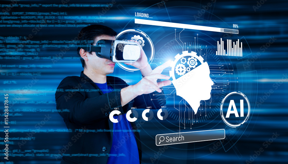 Smart businessman wearing suit and VR goggle while using AI assistance ...