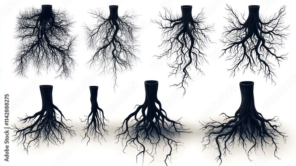 Collection of detailed tree root system illustrations in black ...