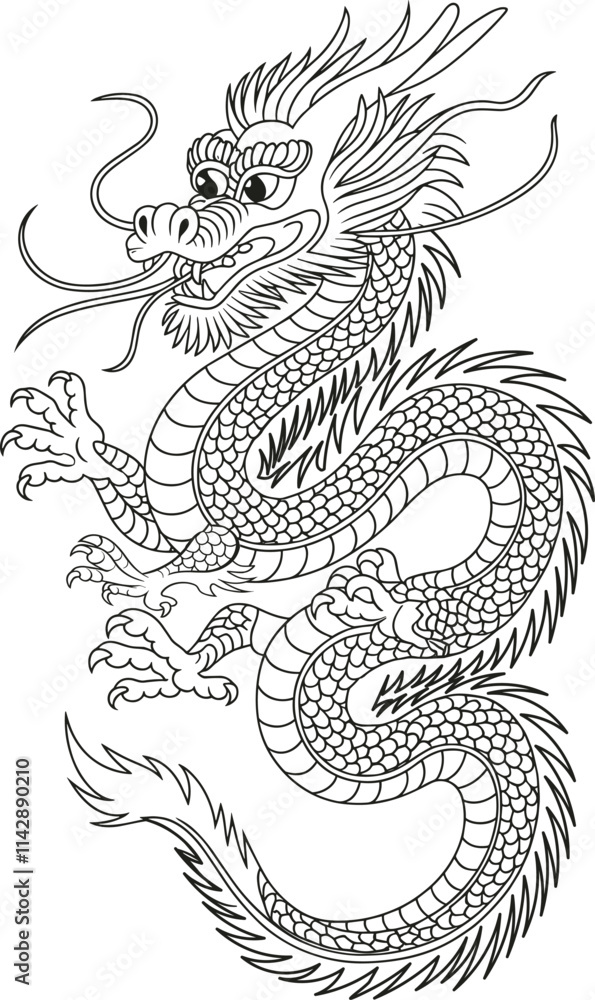 Intricate Chinese Dragon Line Art for Coloring Pages and Design ...