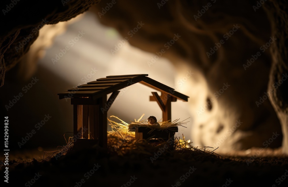 Wooden nativity scene displays miniature figures of baby Jesus in ...