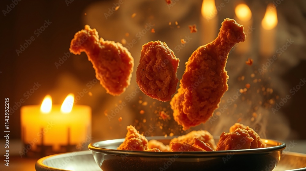 Crispy fried chicken pieces floating in the air, golden brown and ...