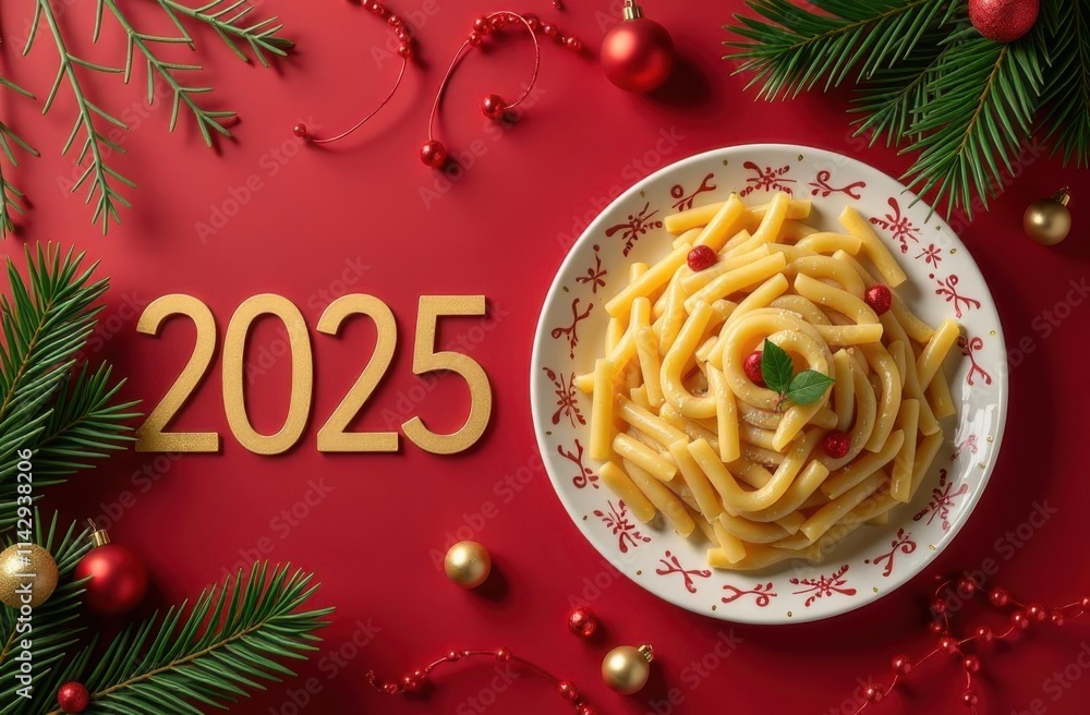 Plate of pasta and numbers 2025 on a red background, top view. Stock ...