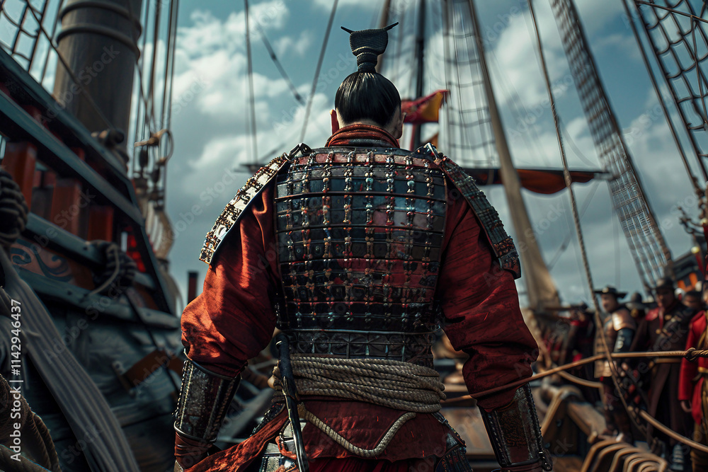 Portrait of medieval ship crew of a vintage sail ship in sea generative ...