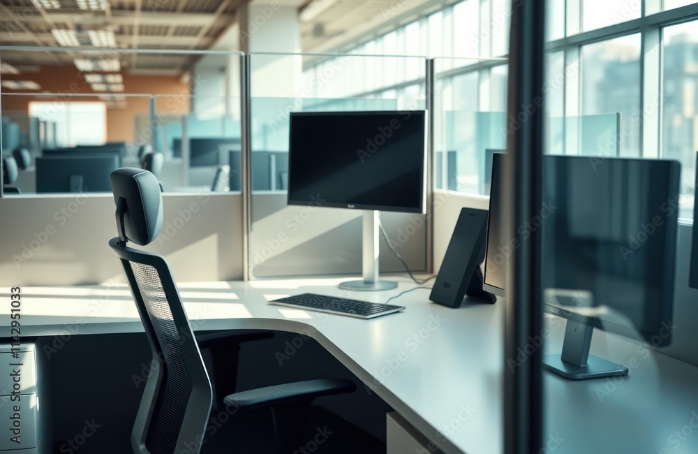Empty modern office cubicle with black chair, computer monitor on white ...