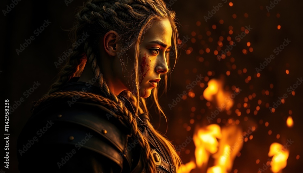 Medieval warrior woman stands before burning fire. Blood stains face ...