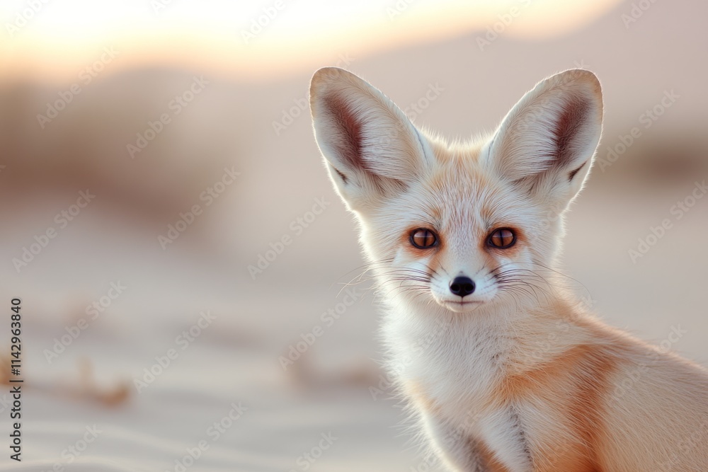 A fennec fox looks curiously at the camera, its large ears framing its ...
