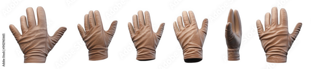 five views of a brown leather glove with a textured surface. isolated ...