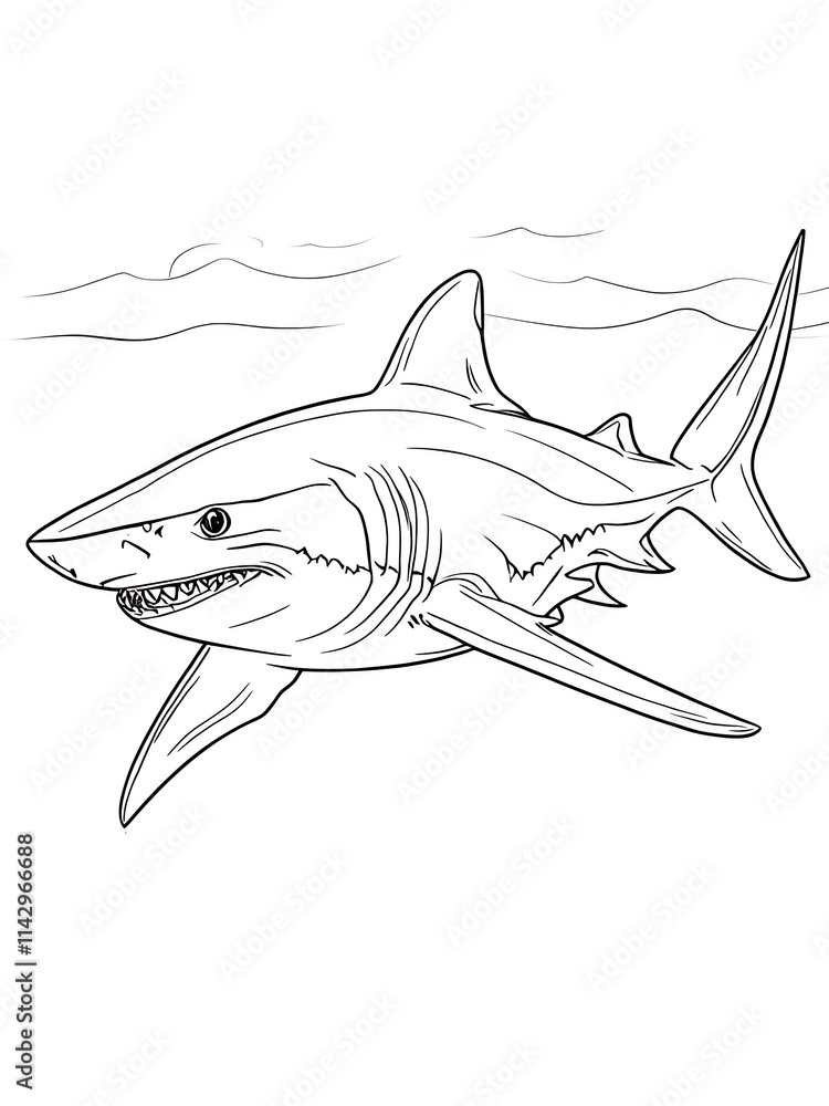 detailed black-and-white shark outline drawing for coloring book pages ...