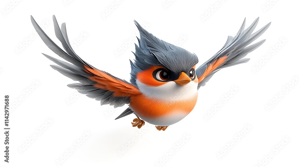 A 2D cartoon bird dressed as a superhero flying through the sky, white ...