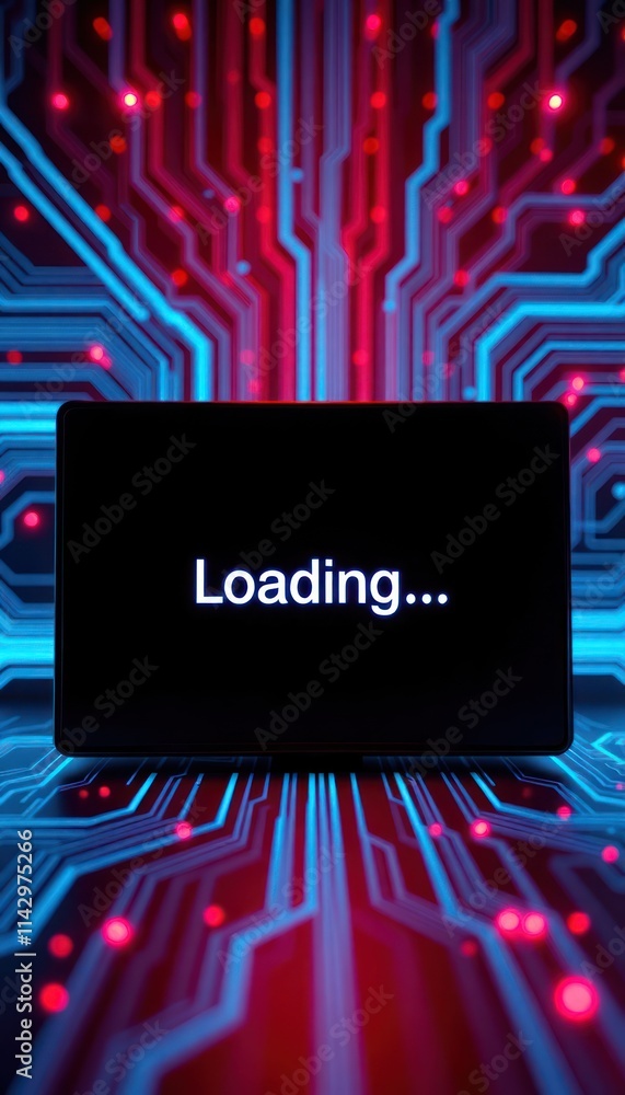 Abstract tech illustration shows loading screen. Blue lines on dark ...