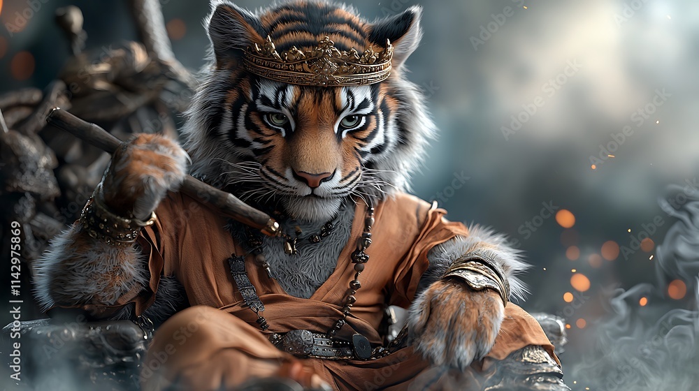 A 3D tiger wearing a royal crown and sitting on a throne, detailed fur ...