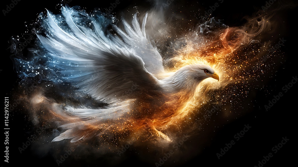 A 4D animated phoenix rising from the ashes with radiant flames and ...