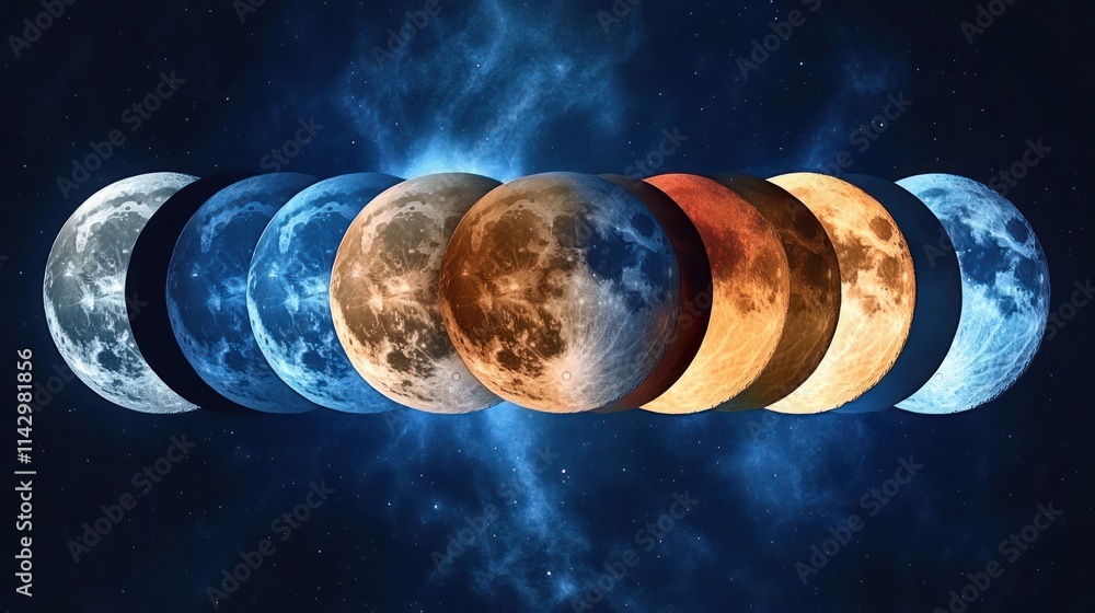 Lunar phases sequence, from new moon to full moon, including a total ...