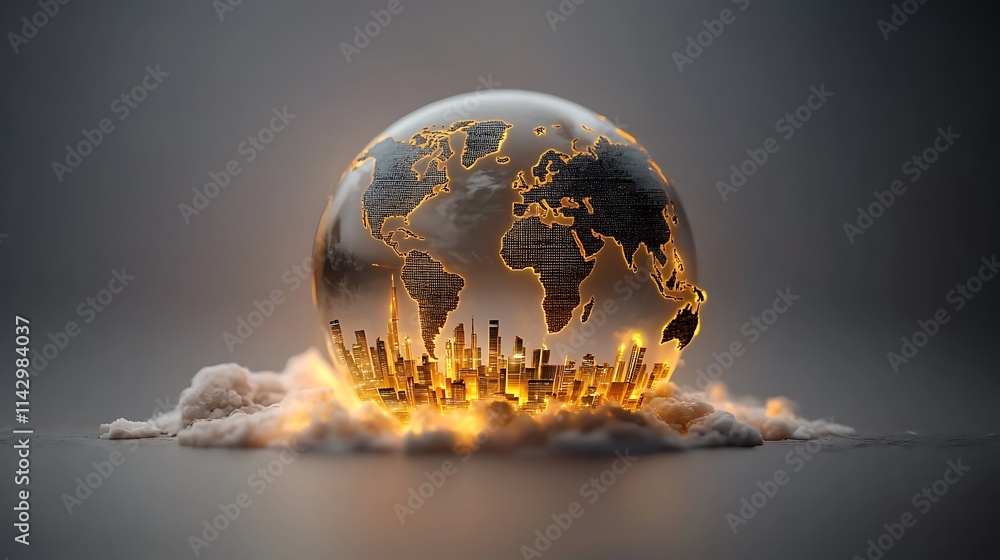 World map intricately etched within a crystal-clear globe, accentuated ...