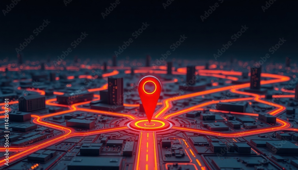 Futuristic city map highlighted by glowing red location pin. Techy navigation concept shows city ...