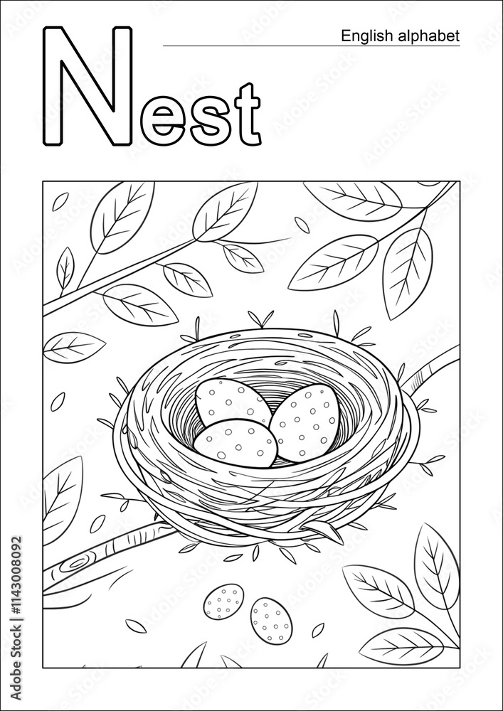 coloring page, English alphabet, letter N with a picture of a nest ...